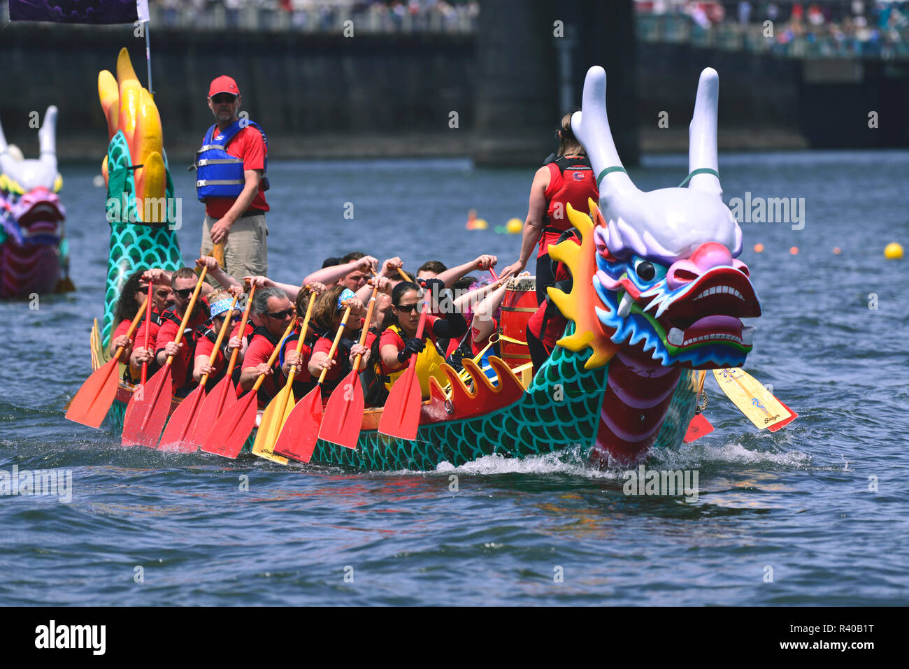 USA, Oregon, Portland. Dragon boats races on Willamette River. Credit ...