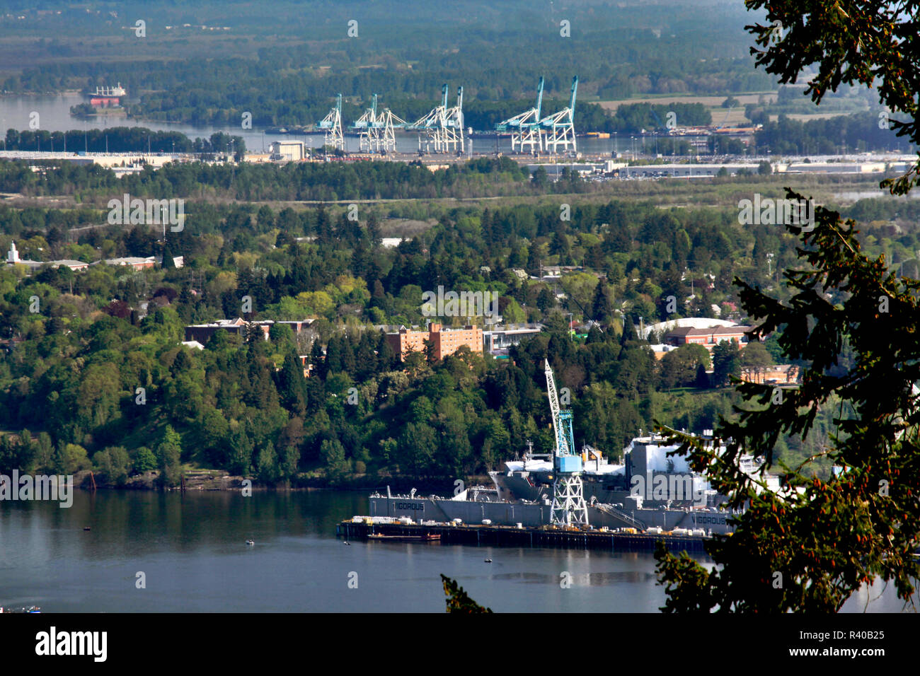 USA, Oregon, Portland. View of dry docks on Willamette River. Credit as ...