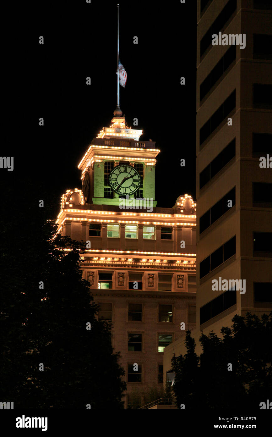 USA, Oregon, Portland. Jackson Tower lit at night. Credit as: Steve ...