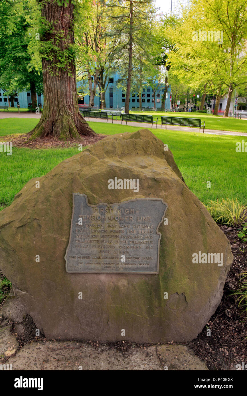 USA, Oregon, Portland. Plaque commemorating first power line type in ...