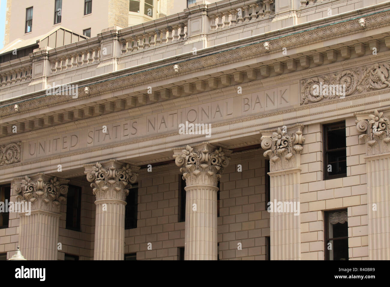 USA, Oregon, Portland. Ornate designs on U.S. National Bank front ...