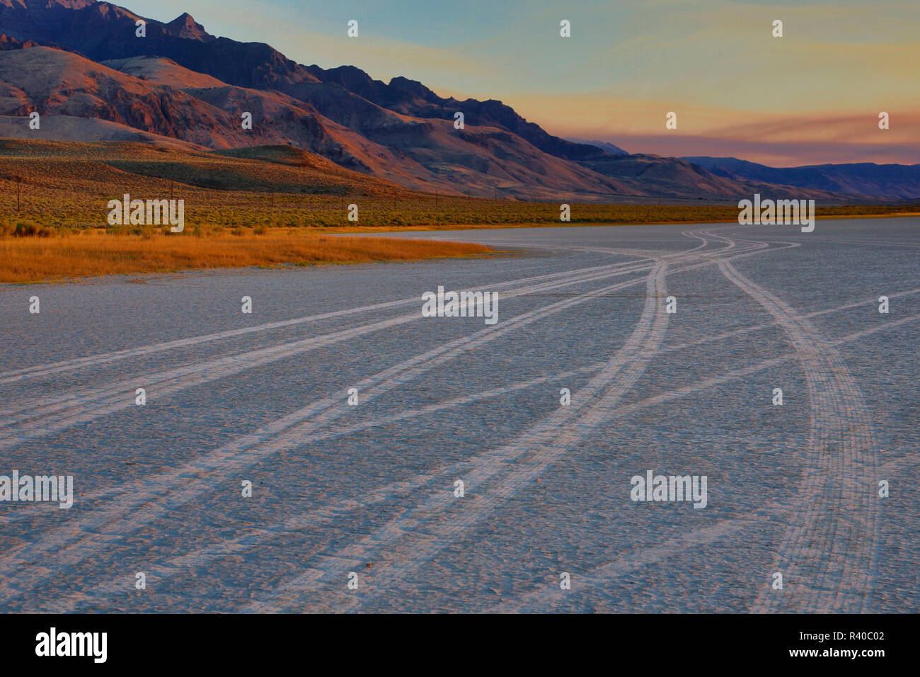 USA, Oregon, Alvord Desert. Tire tracks on precipitated mineral salt ...