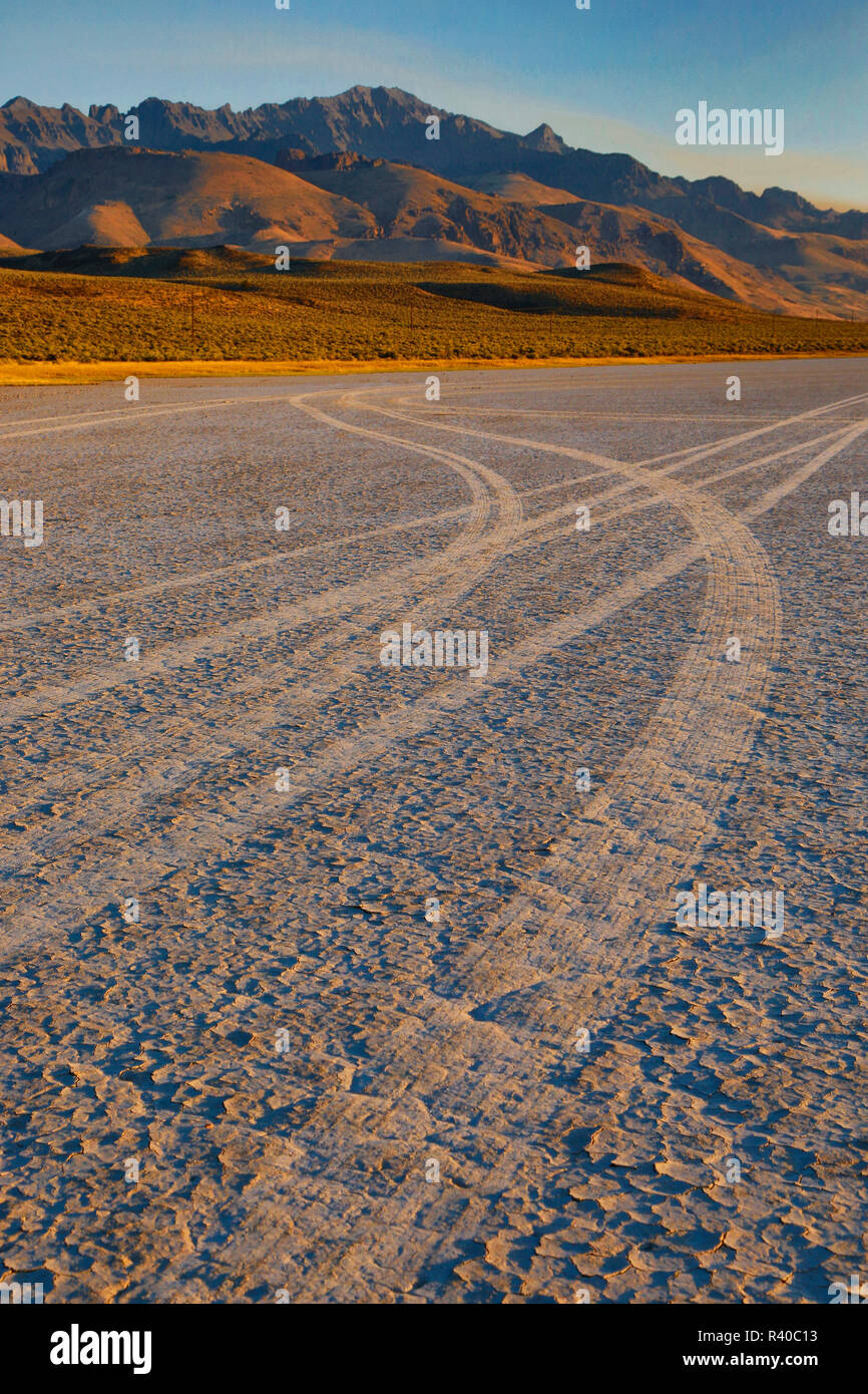USA, Oregon, Alvord Desert. Tire tracks on precipitated mineral salt ...