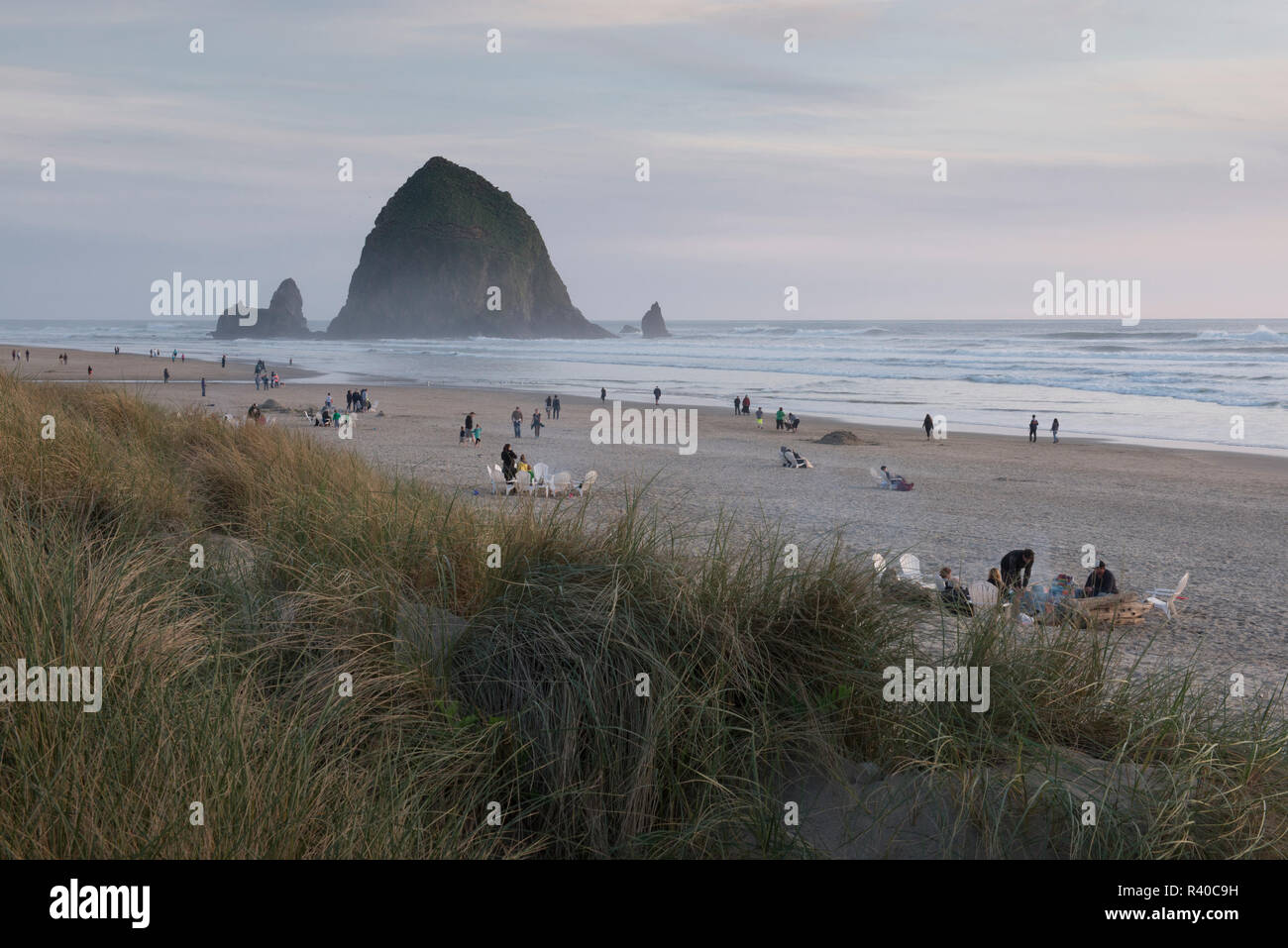 People enjoying the evening on the sandy beach at Hay Stack Rock ...