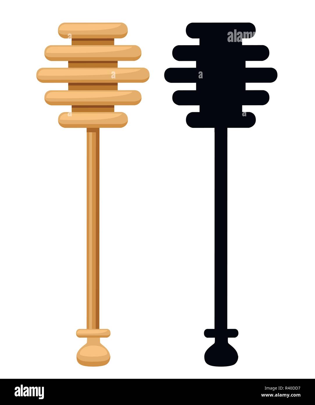 Black silhouette. Wooden honey dipper. Kitchen utensil used to collect ...