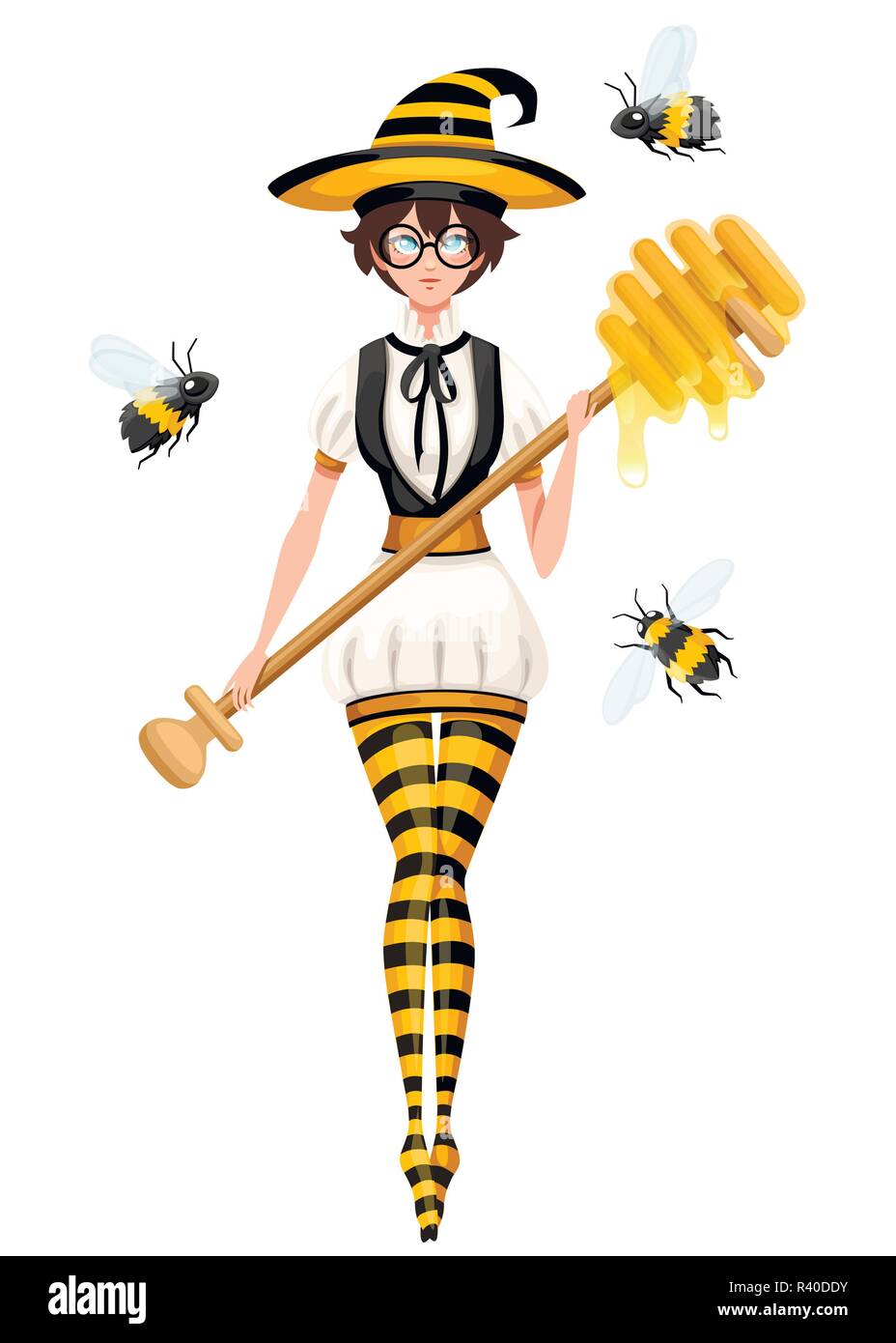 Cute brown hair honey witch flying with bees. Female holding honey ...