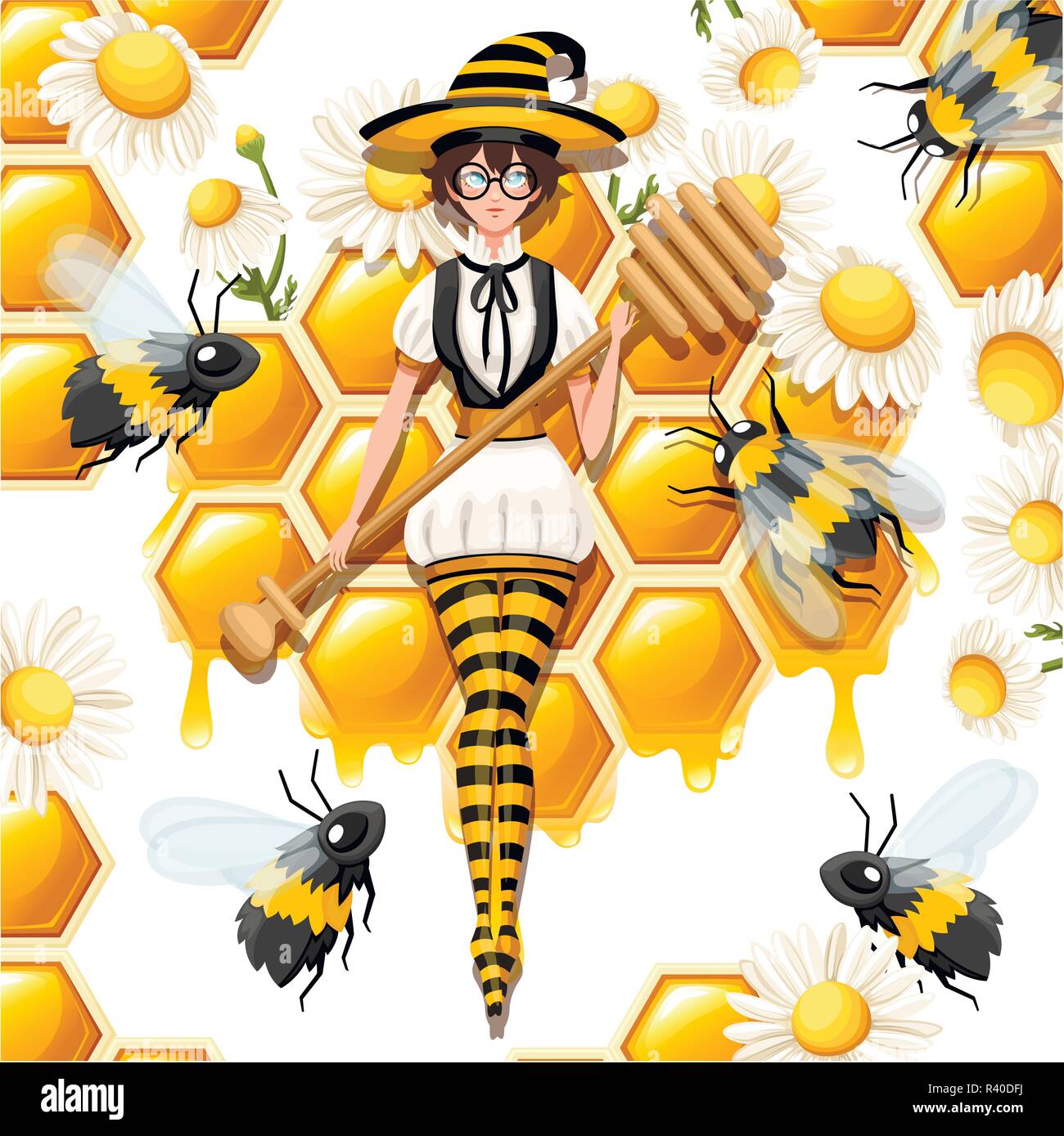 Cute brown hair honey witch flying with bees. Female holding honey ...