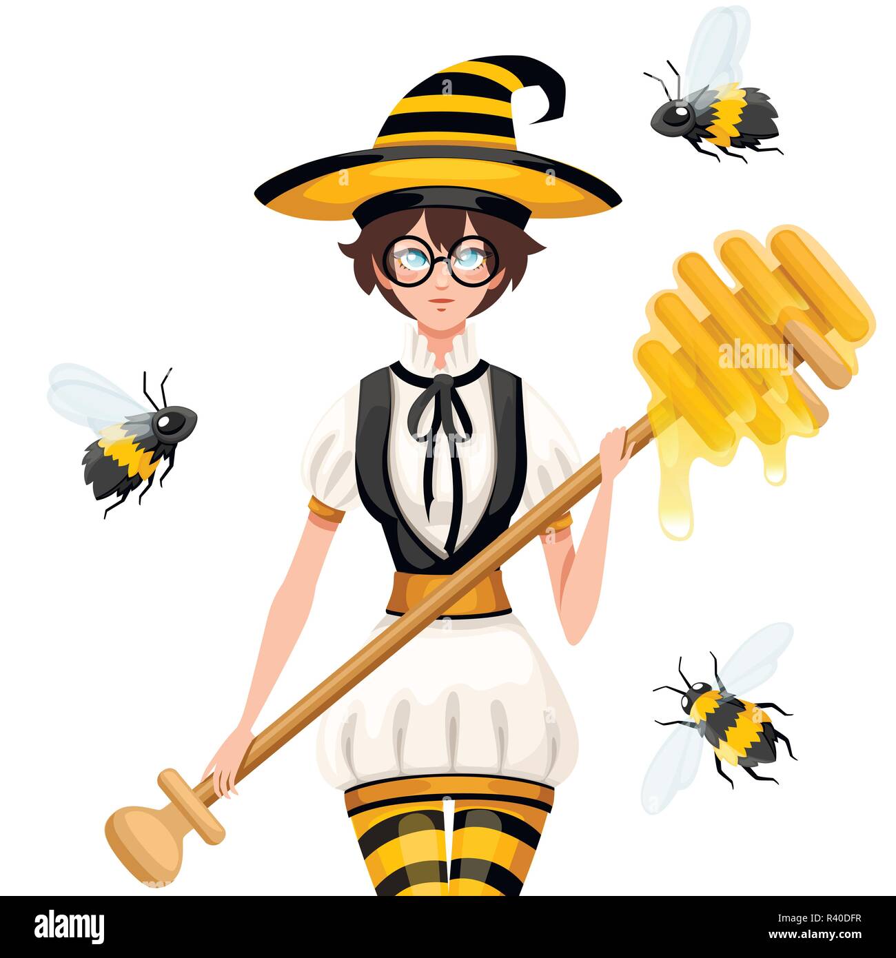 Cute brown hair honey witch flying with bees. Female holding honey ...
