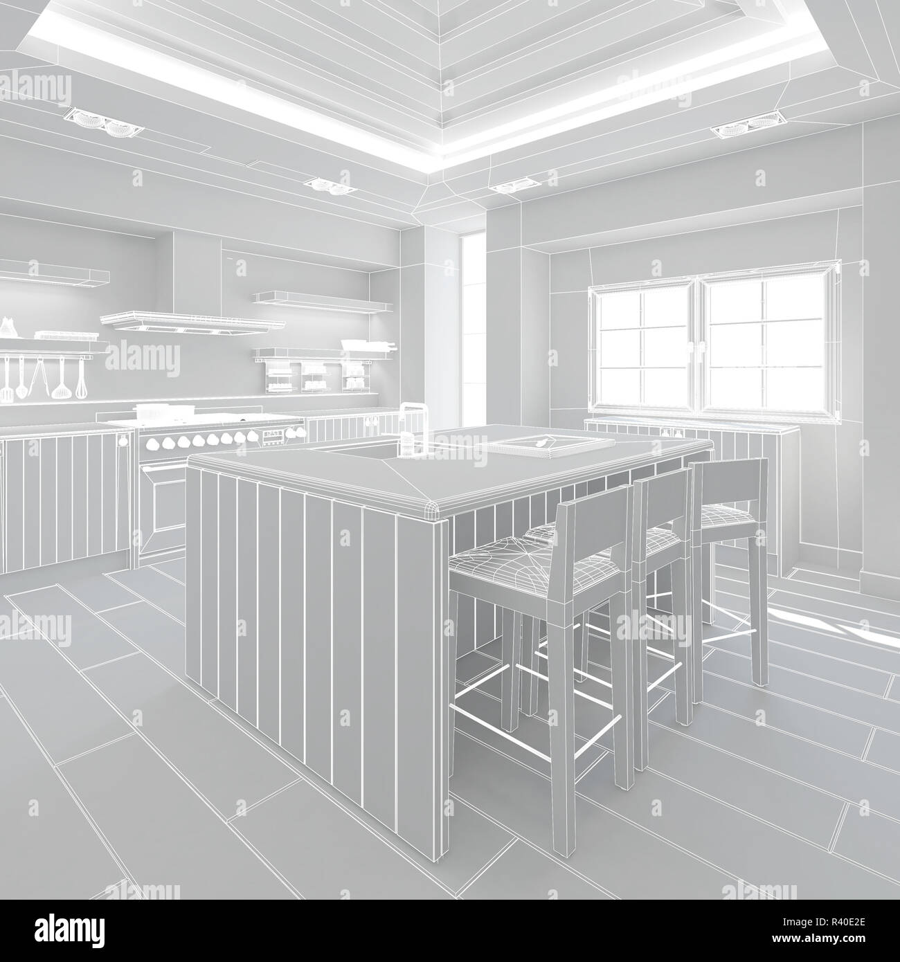 3D Interior rendering of a modern kitchen Stock Photo - Alamy