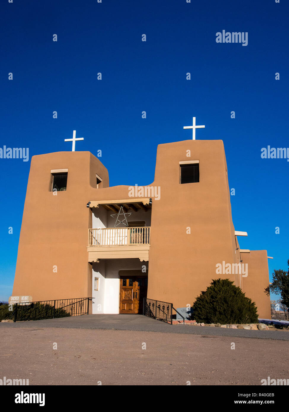 USA, New Mexico, Exterior facade of Sacred Heart Church in Nambe New ...