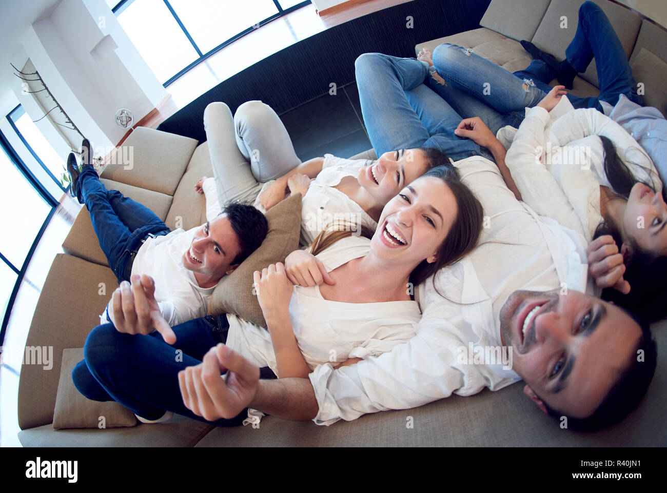 friends group get relaxed at home Stock Photo - Alamy