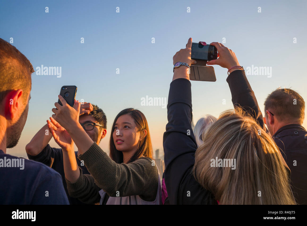 USA, New York City, Midtown Manhattan, visitors to the Top of The Rock ...