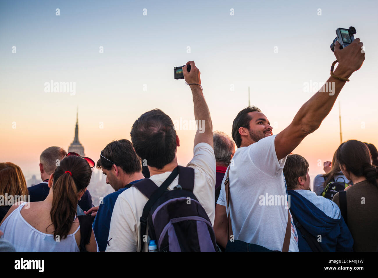 USA, New York City, Midtown Manhattan, visitors to the Top of The Rock ...