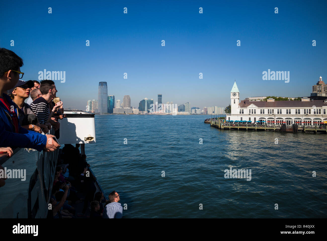 USA, New York City, Lower Manhattan, aboard the Statue of Liberty tour ...