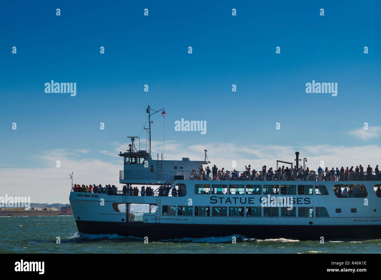 USA, New York City, Lower Manhattan, aboard the Statue of Liberty tour ...