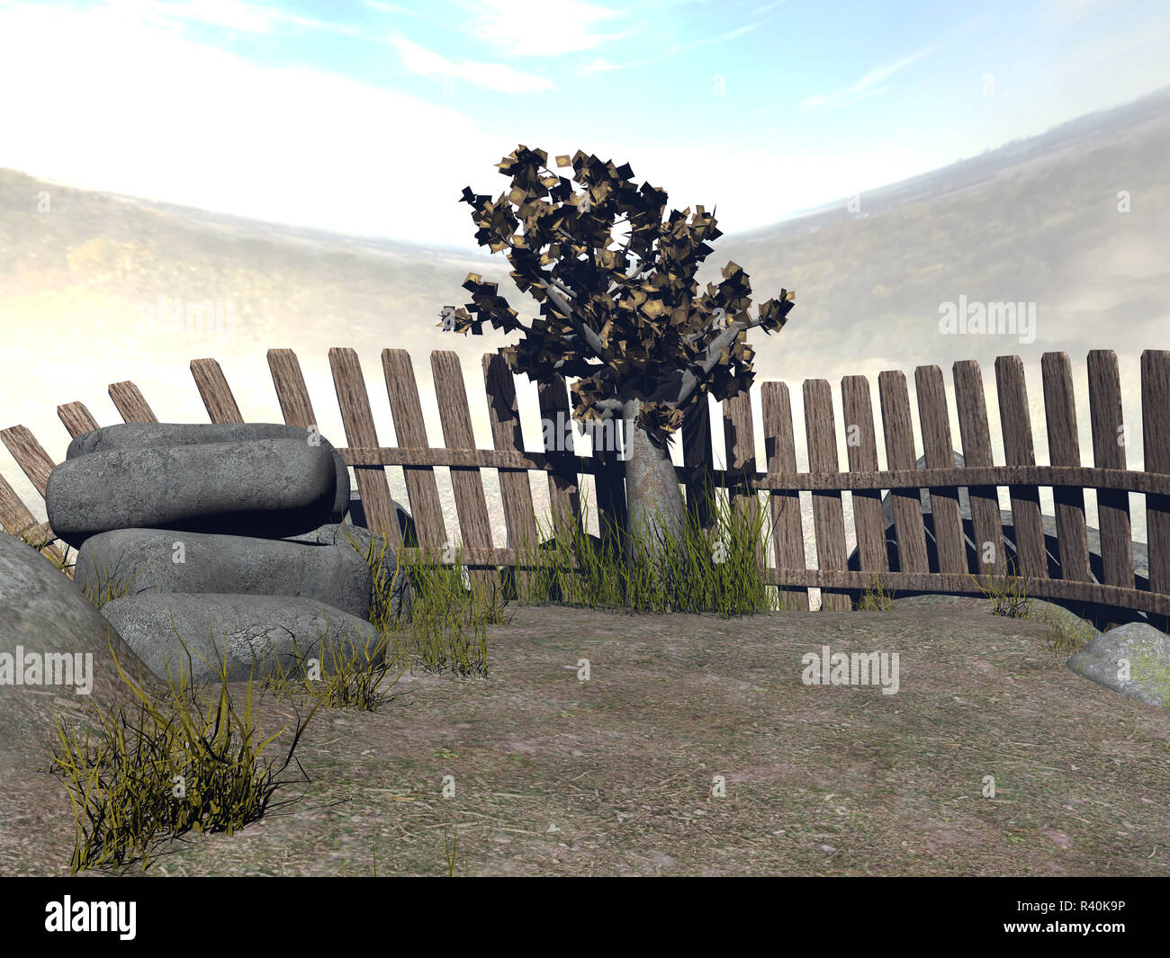 hill with garden fence stones and tree Stock Photo - Alamy