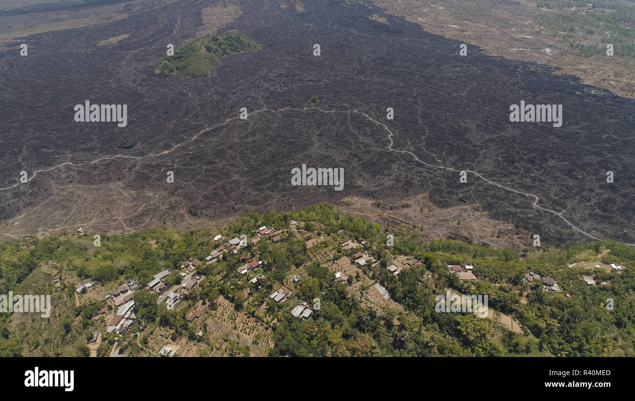 Aerial view landscape after volcanic eruption volcano Batur mountain ...