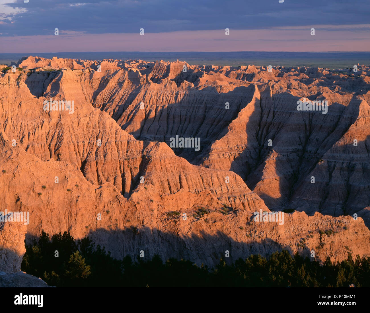 USA, South Dakota, Badlands National Park, North Unit, Sunset light on ...