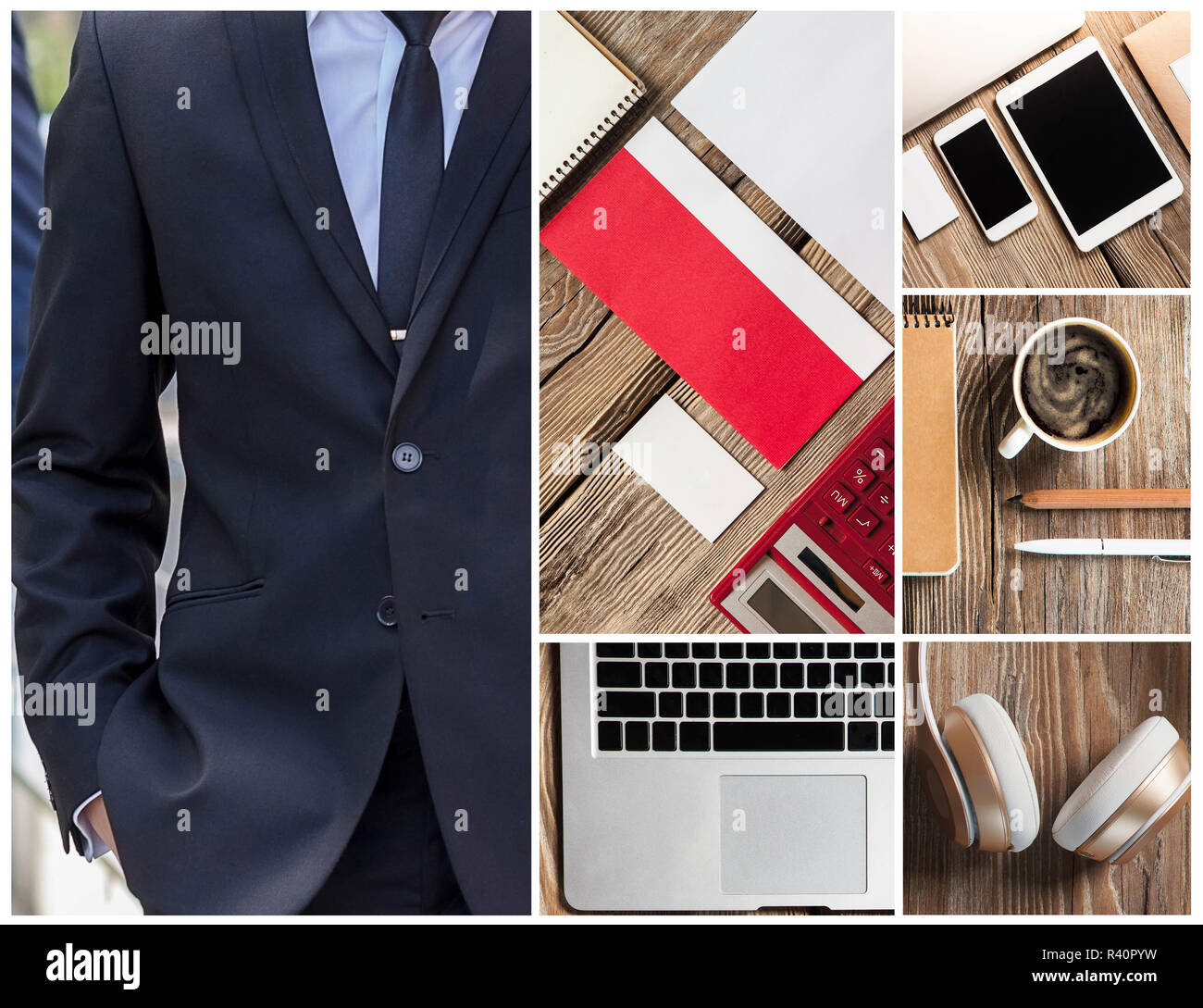 Collage or collection of businessman working tools Stock Photo - Alamy