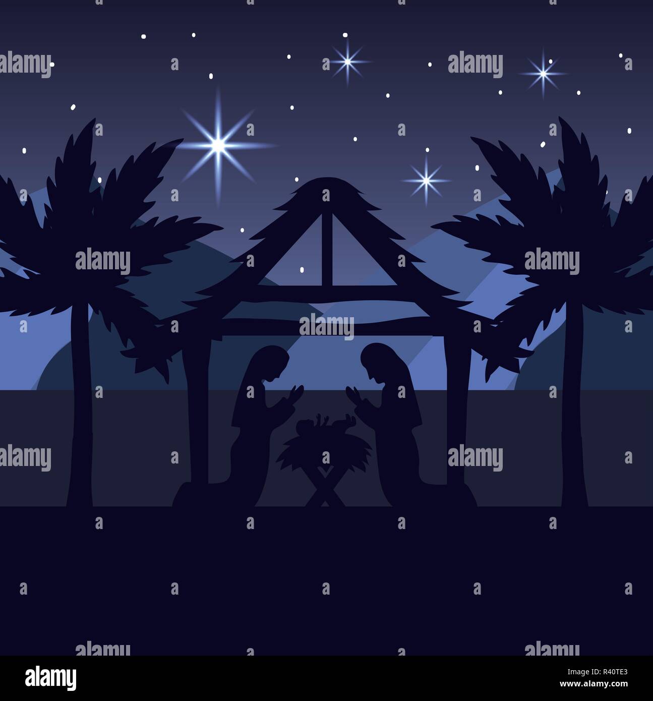 mary and joseph with jesus in the manger and palm trees vector ...