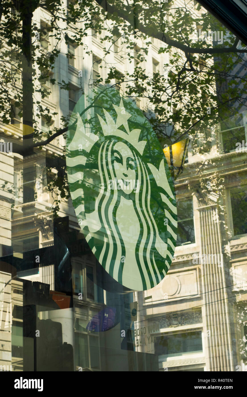 USA, Washington State, Seattle. The logo of Seattle-based Starbucks ...