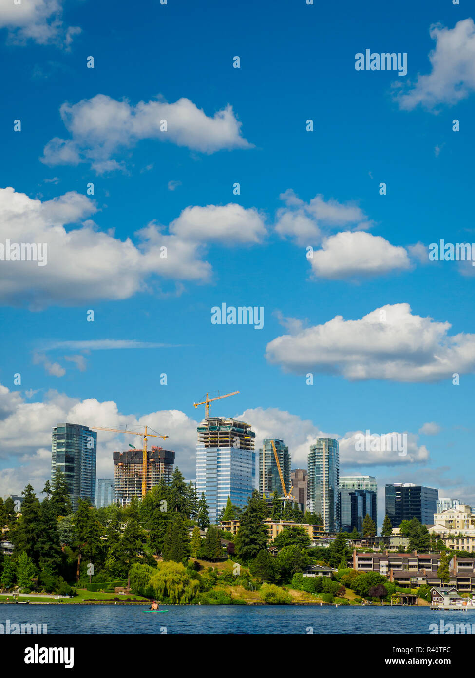 USA, Washington State, Bellevue. Skyline view from Lake Washington ...