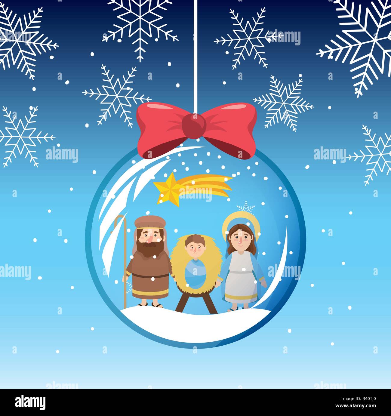 snowflakes mary and joseph with jesus inside crystal ball vector ...