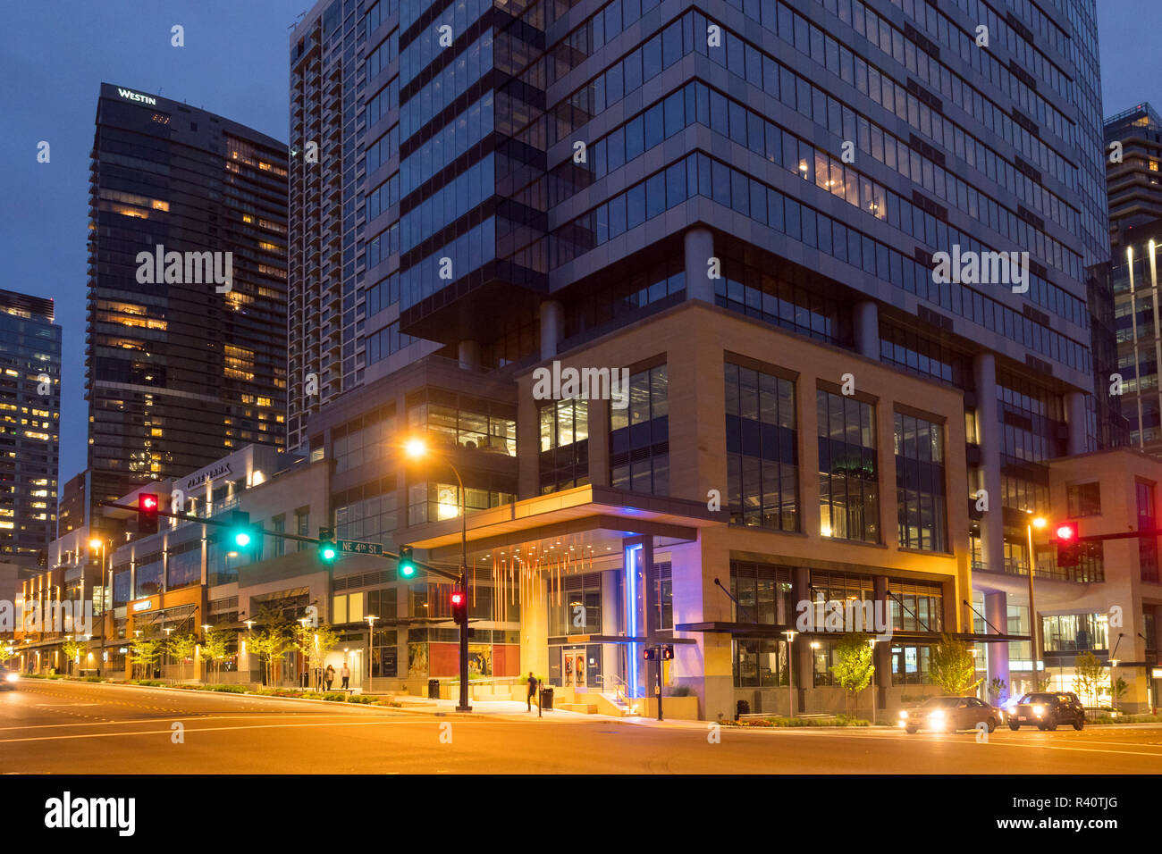 USA, Washington State, Bellevue. Office building downtown at dusk Stock ...