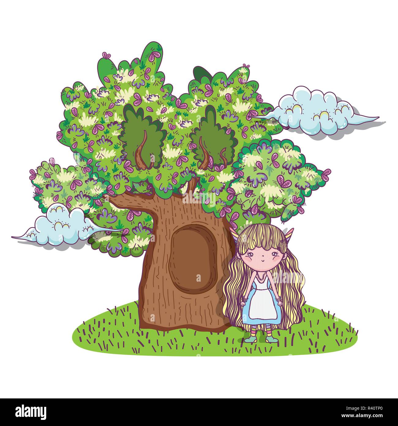 girl fantastic creature with tree houses vector illustration Stock ...