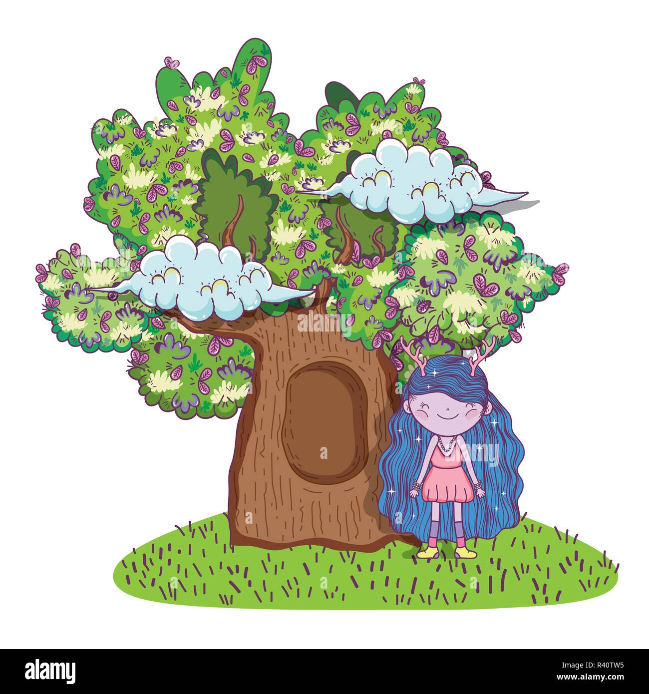 girl fantastic creature with tree house and clouds vector illustration ...