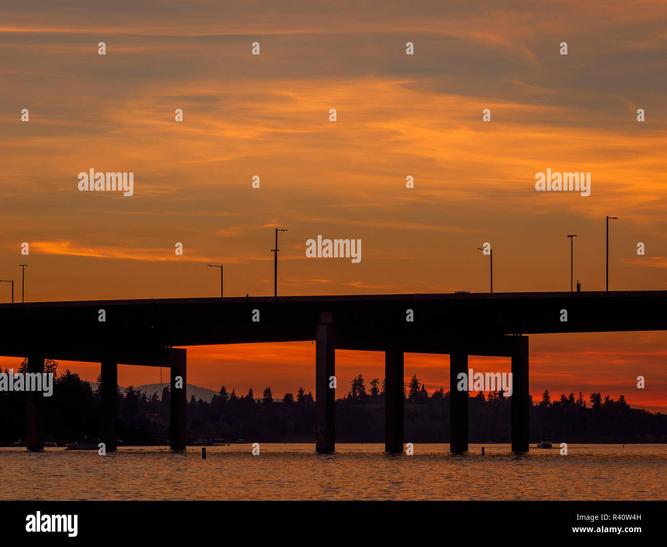 USA, Washington State, Bellevue. Highway bridge over Lake Washington ...