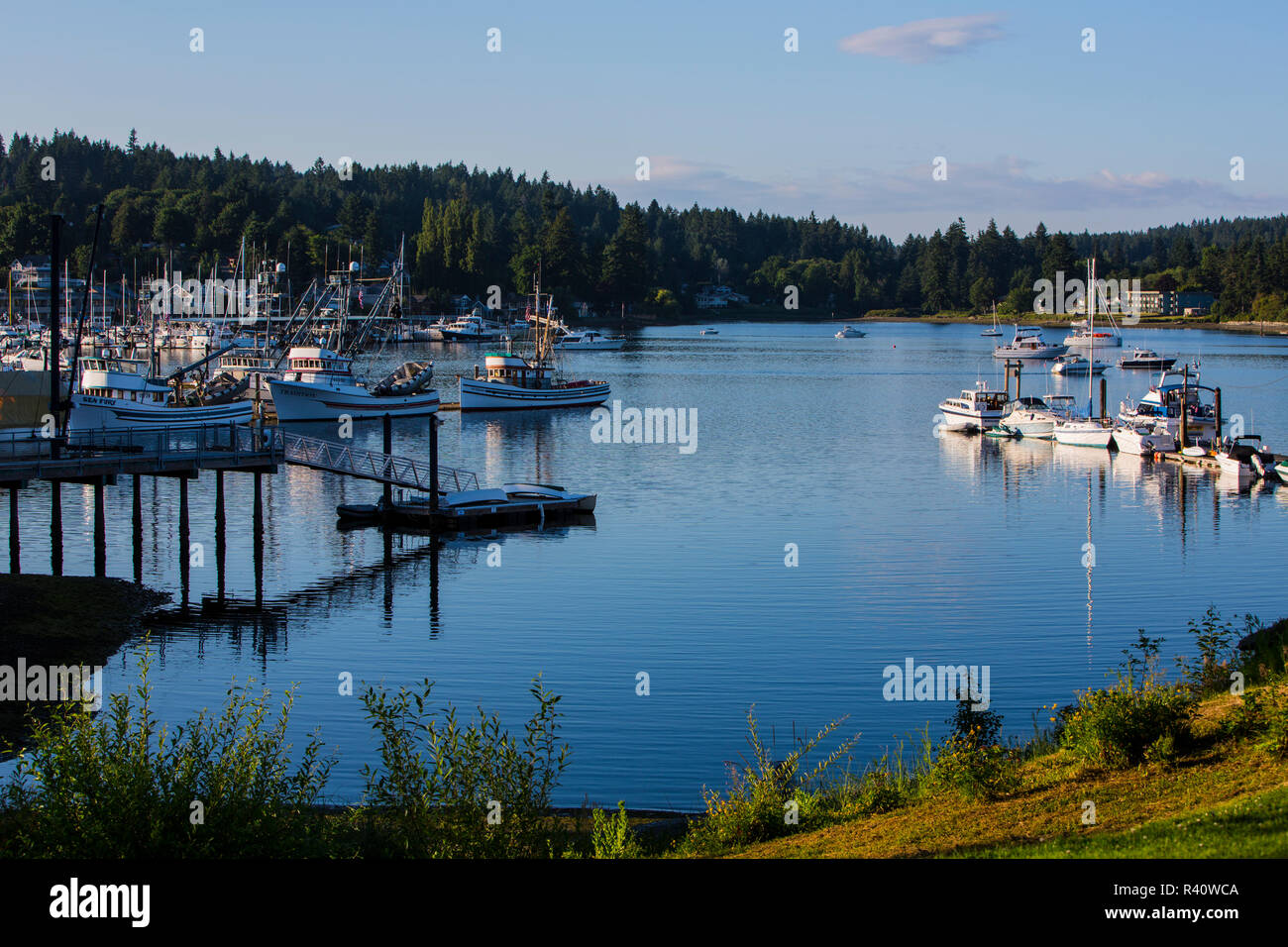 Gig Harbor, Washington State. Serene harbor with a dock, boats and ...