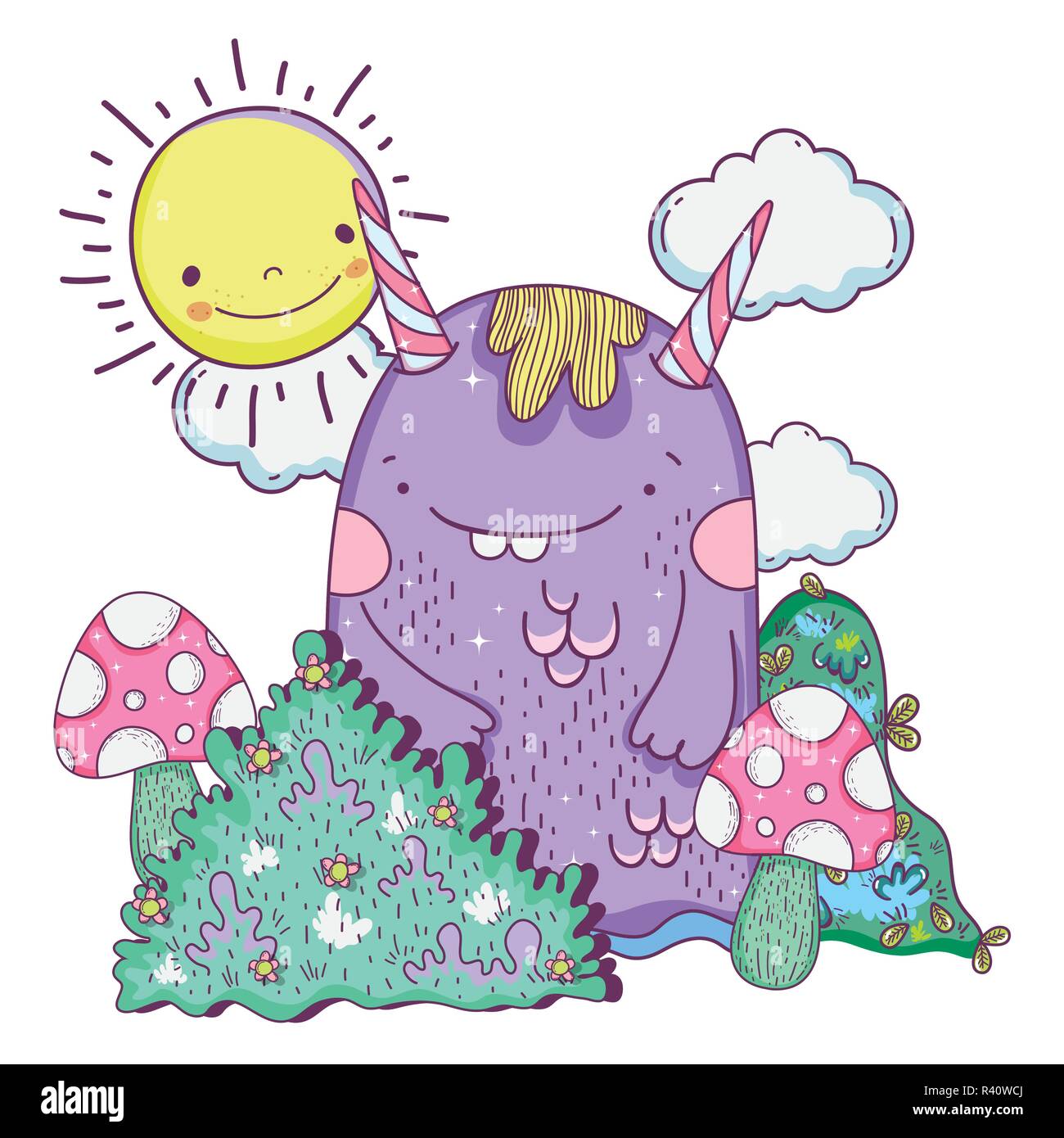 monster creature in the bushes with sun and clouds vector illustration ...