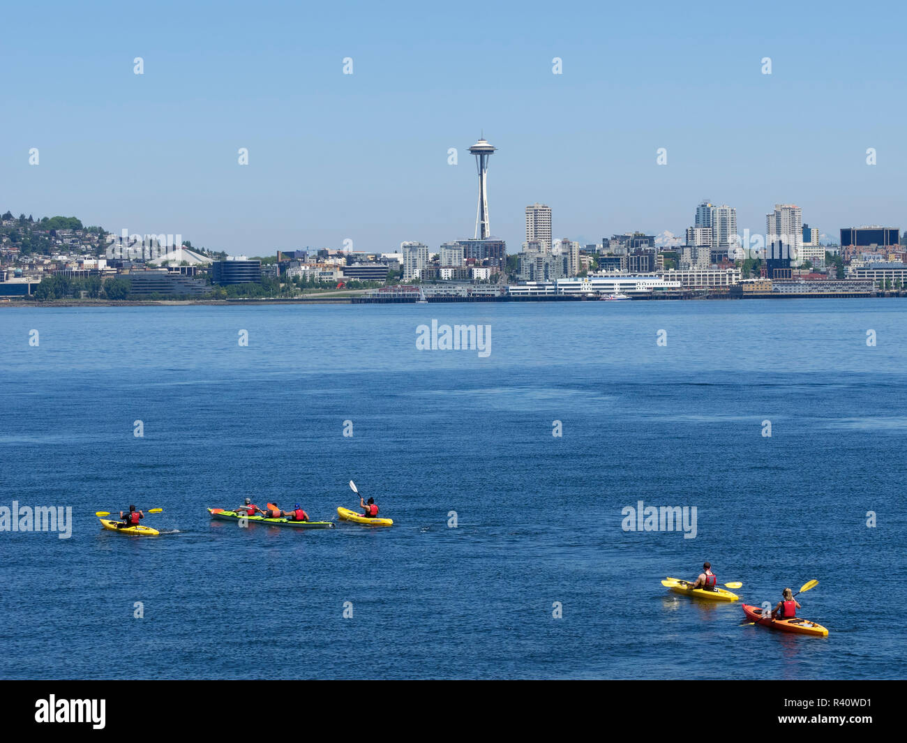 Washington State, Seattle, Elliott Bay, Kayaks and Seattle skyline with ...
