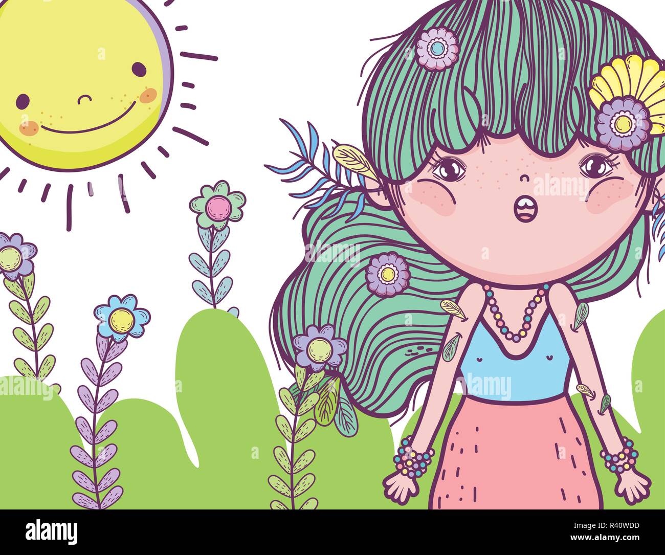fantastic girl to defender creatures with sun vector illustration Stock ...