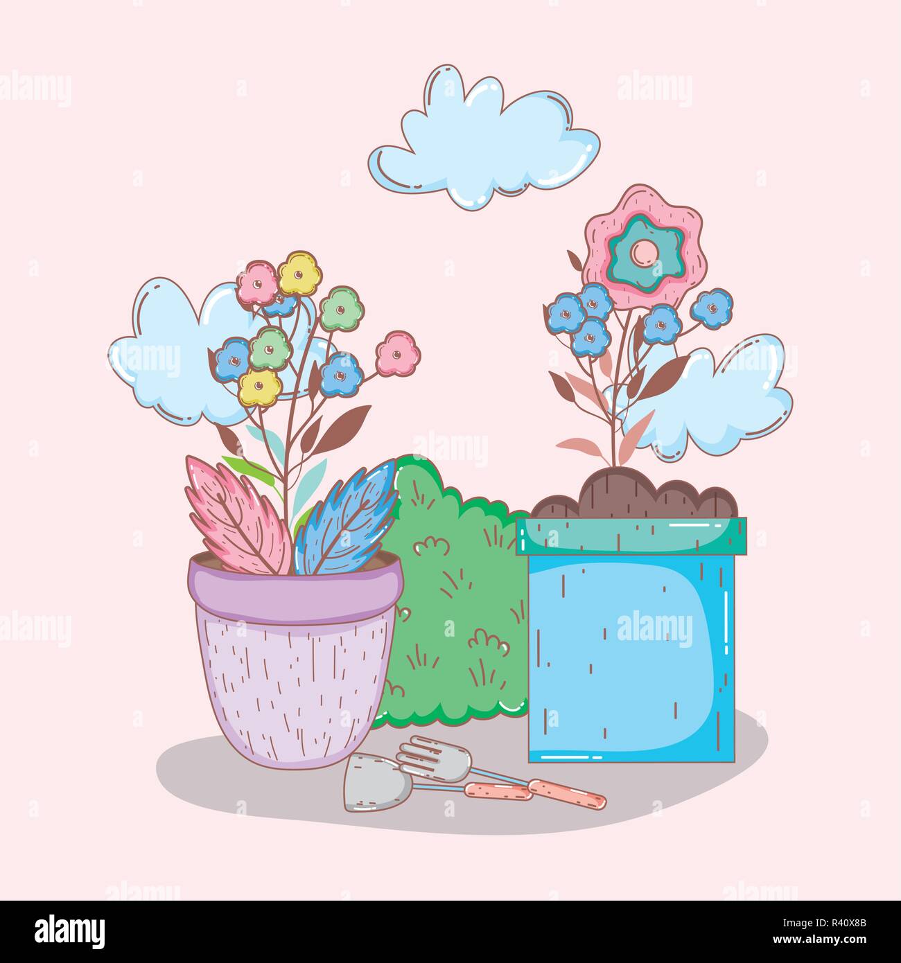 flowers inside plant pot and bush leaves vector illustration Stock ...