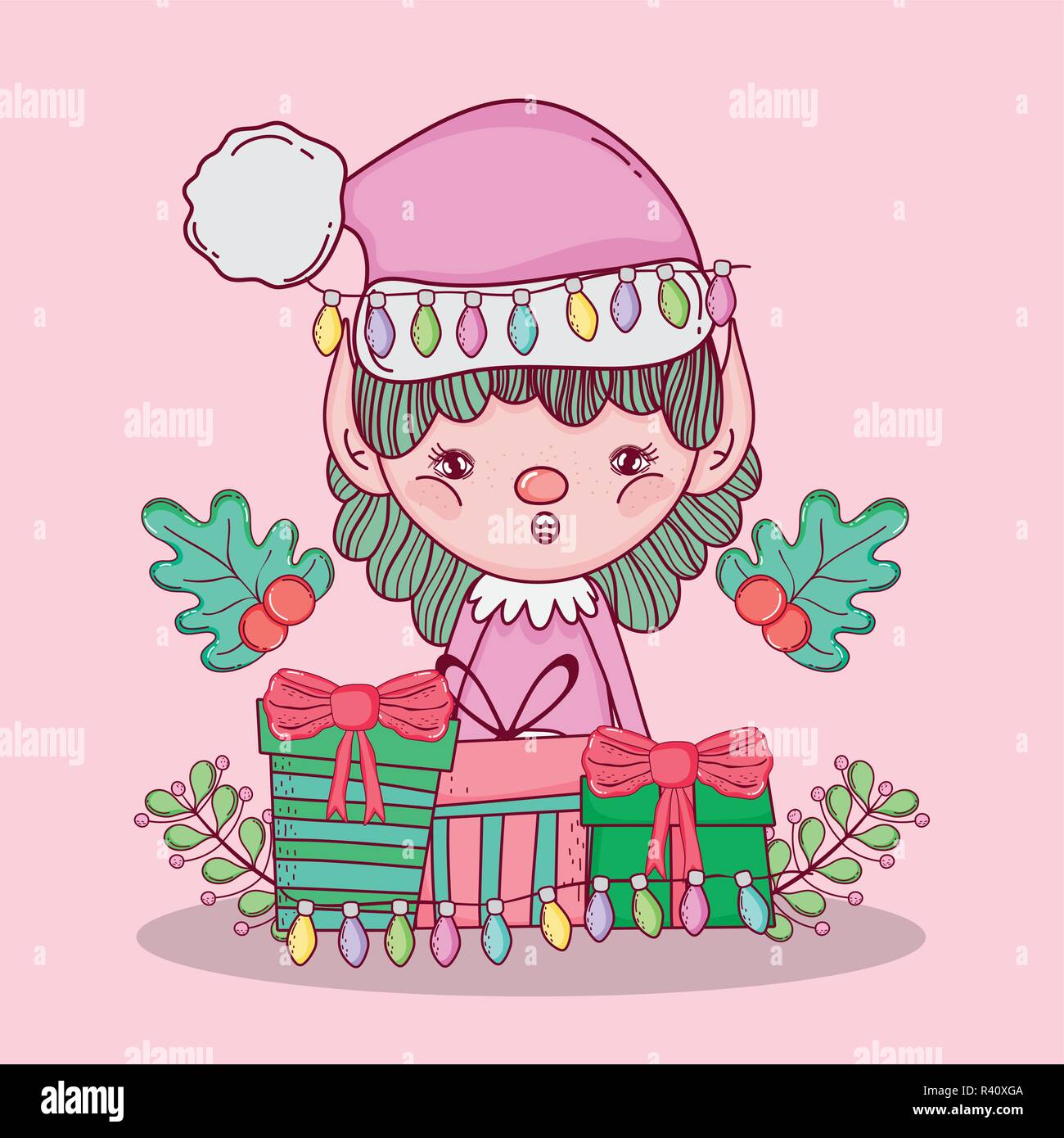 elf with presents and garland christmas decoration vector illustration ...