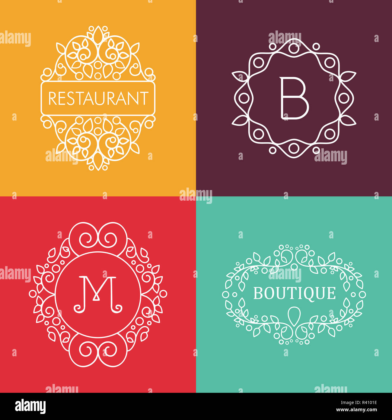 Ornament monogram mono line floral frame set Stock Photo - Alamy