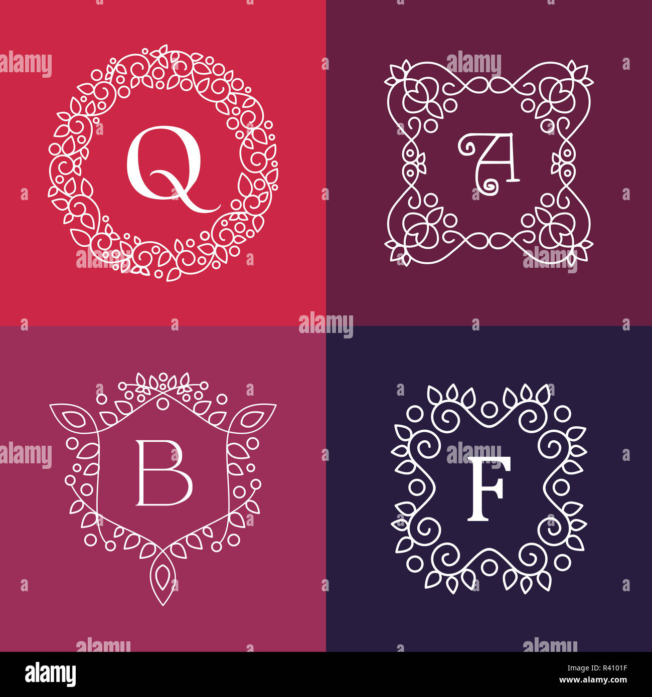 Ornament monogram mono line floral frame set Stock Photo - Alamy