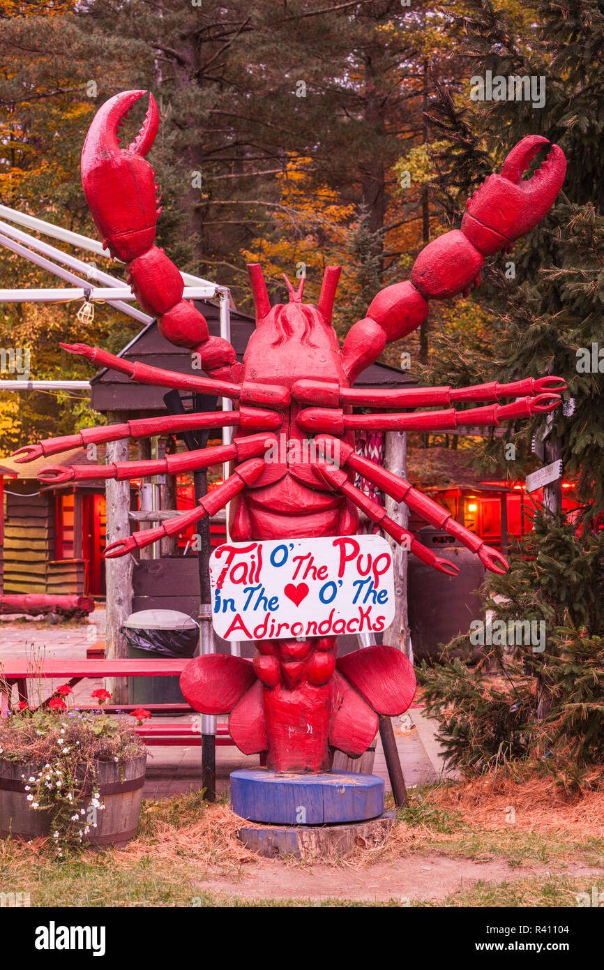 USA, New York, Adirondack Mountains, Lake Placid, lobster sign Stock ...
