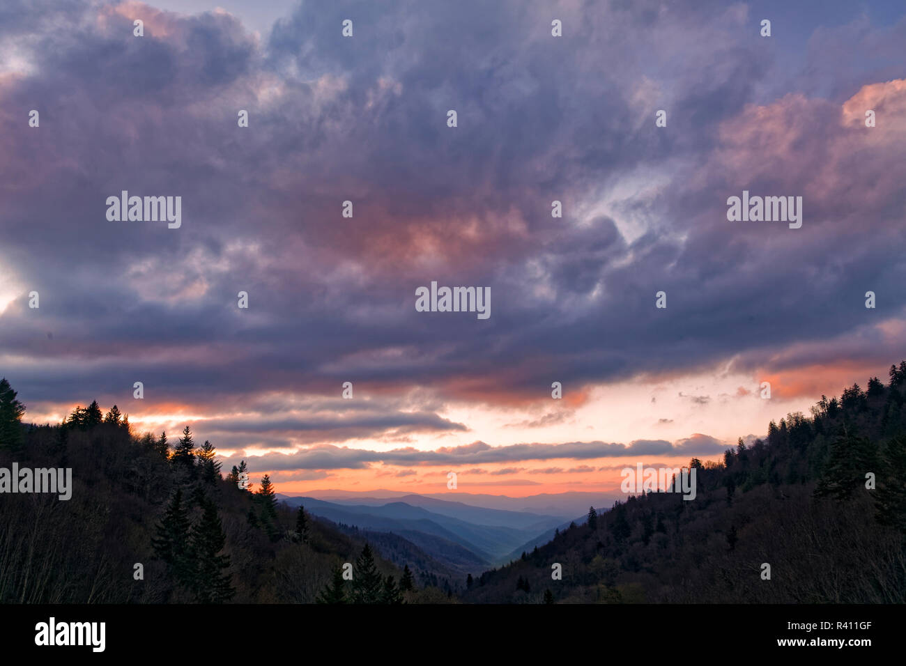 Spring sunrise from Oconaluftee Valley Overlook, U.S. Hwy. 441 or ...