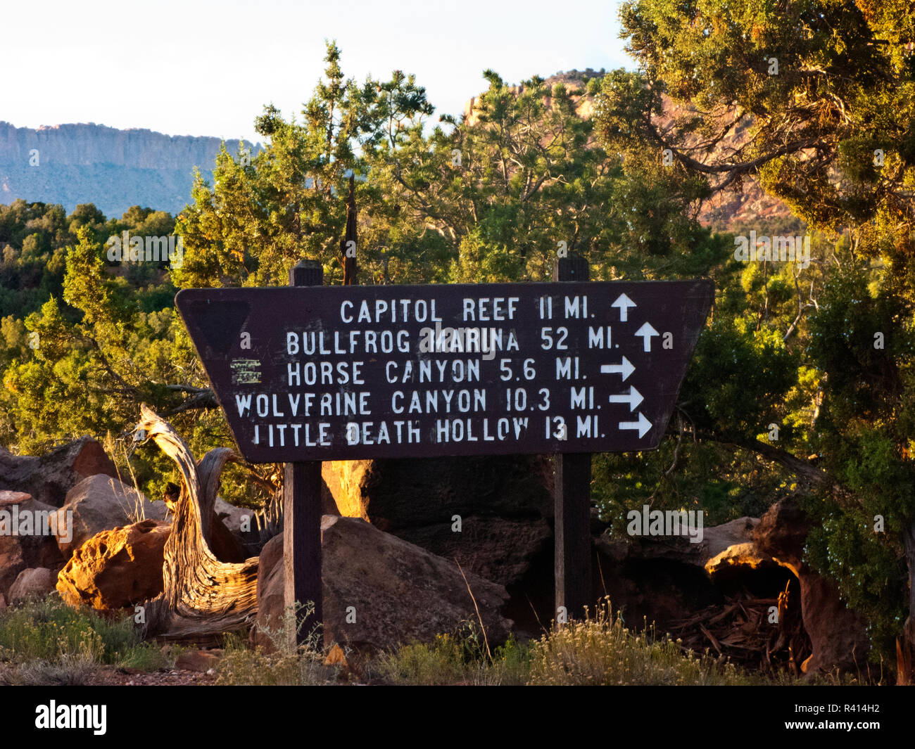 USA, Utah, Capitol Reef National Park, Notom Road Directional Sign ...