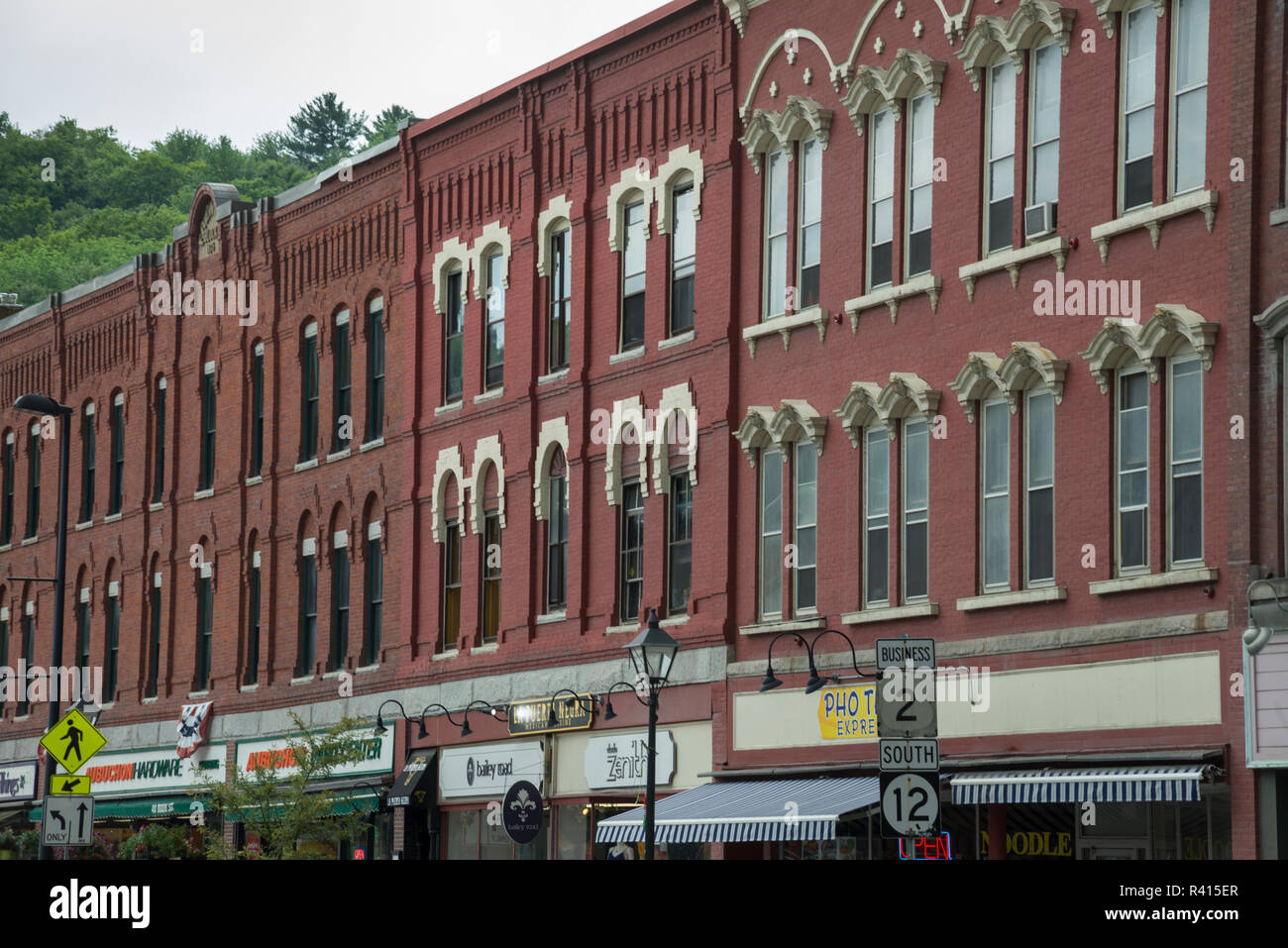 Red brick facades of buildings on Main Street in Montpelier Vermont ...