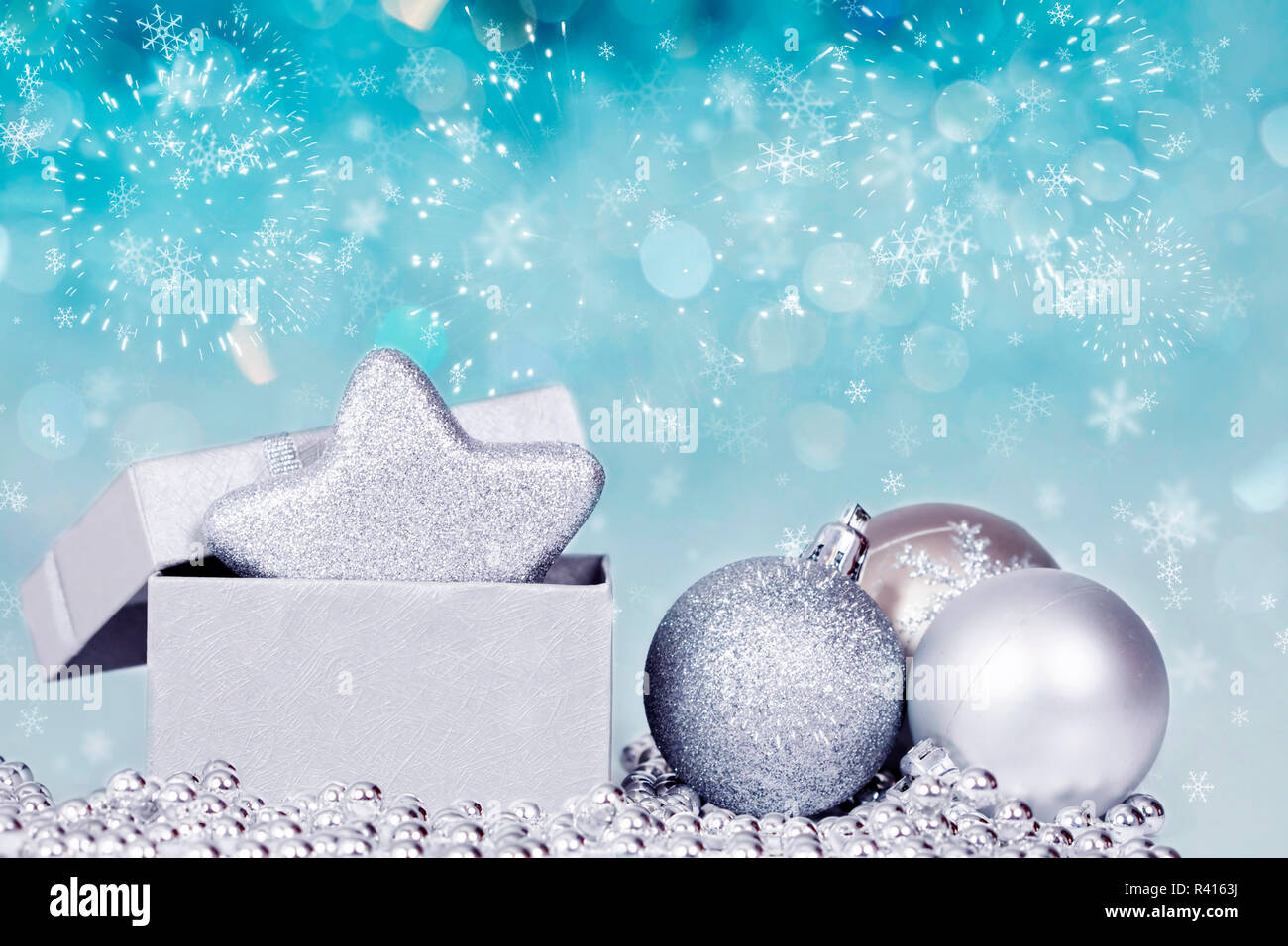 Holiday background with sparkling lights and Christmas decoration Stock ...