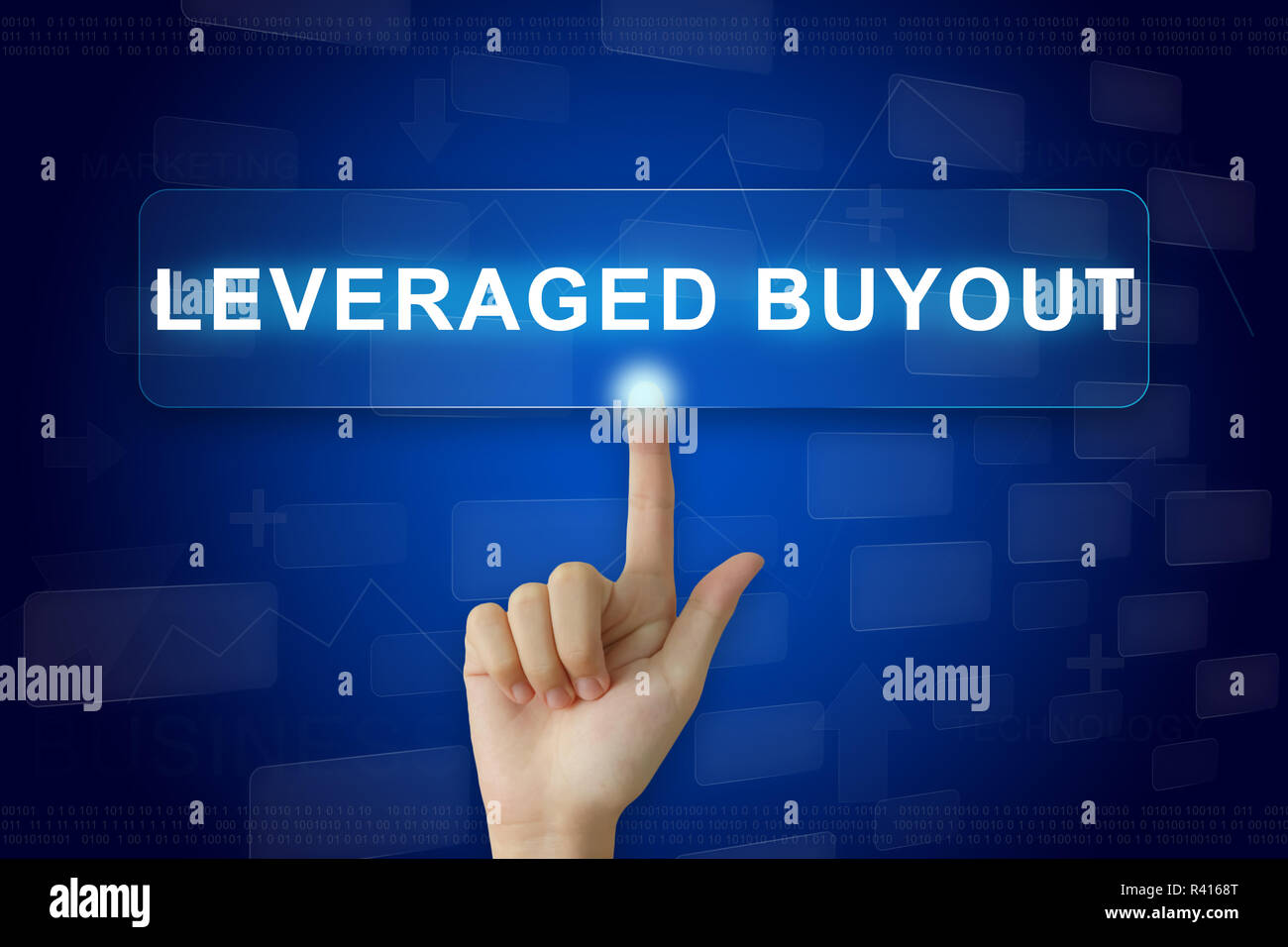 hand press on leveraged buyout button on touch screen Stock Photo - Alamy