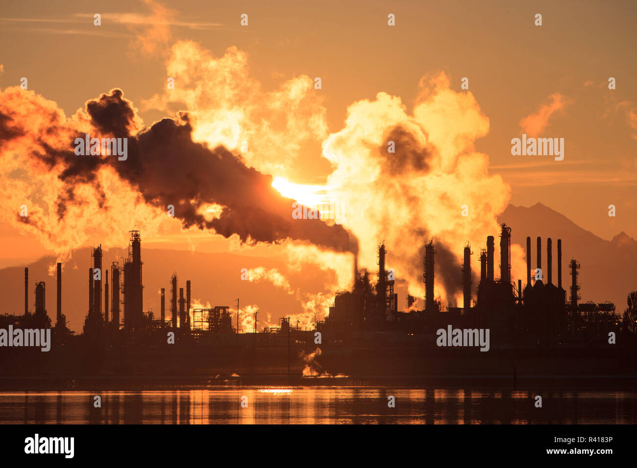 Shell Puget Sound Oil Refinery with Mt. Baker behind, near Anacortes ...