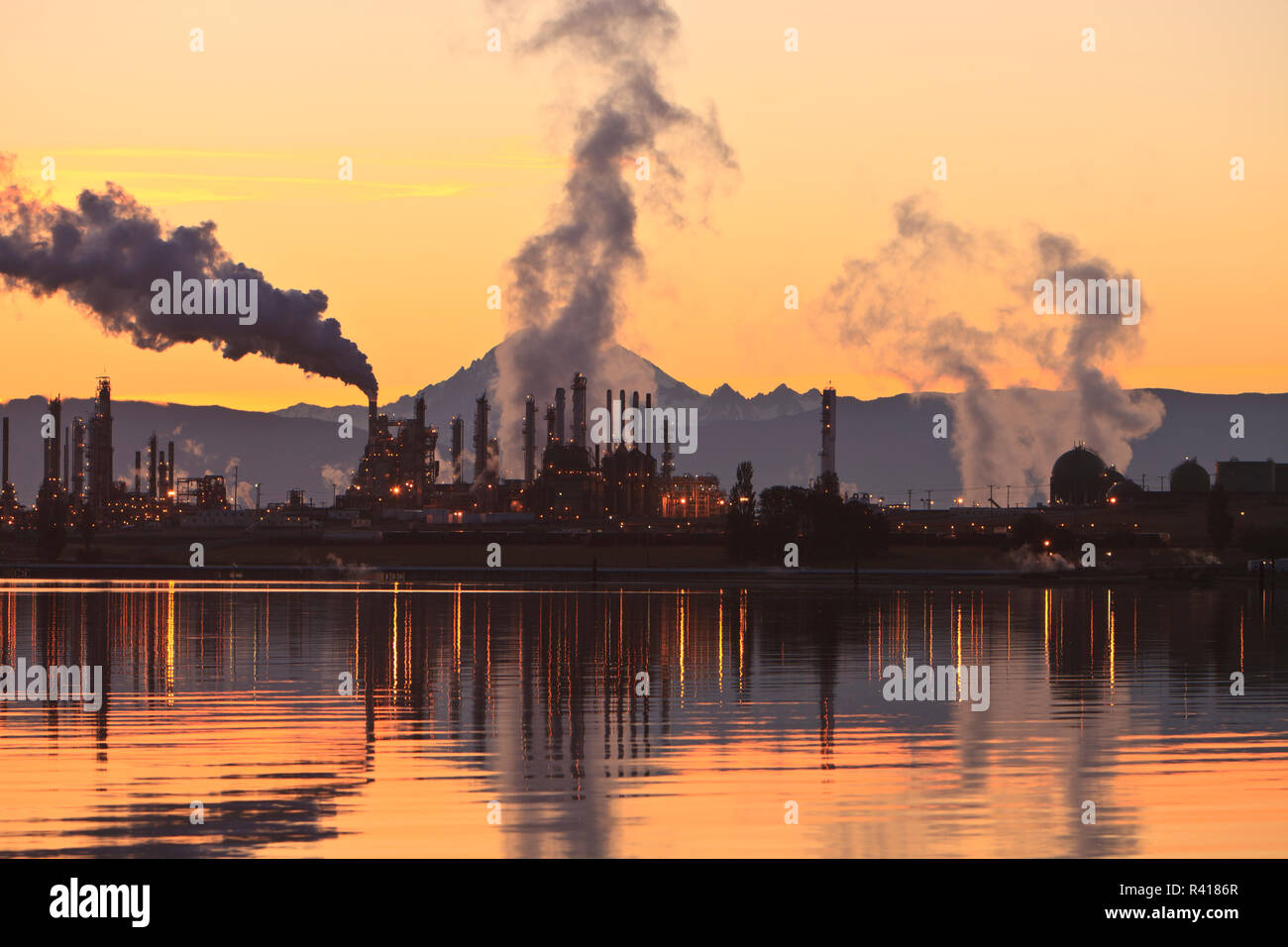 Shell Puget Sound Oil Refinery with Mt. Baker behind, near Anacortes ...