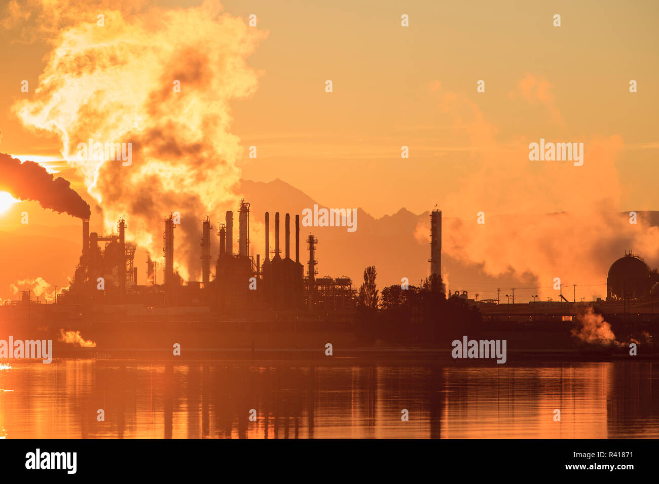Shell Puget Sound Oil Refinery with Mt. Baker behind, near Anacortes ...