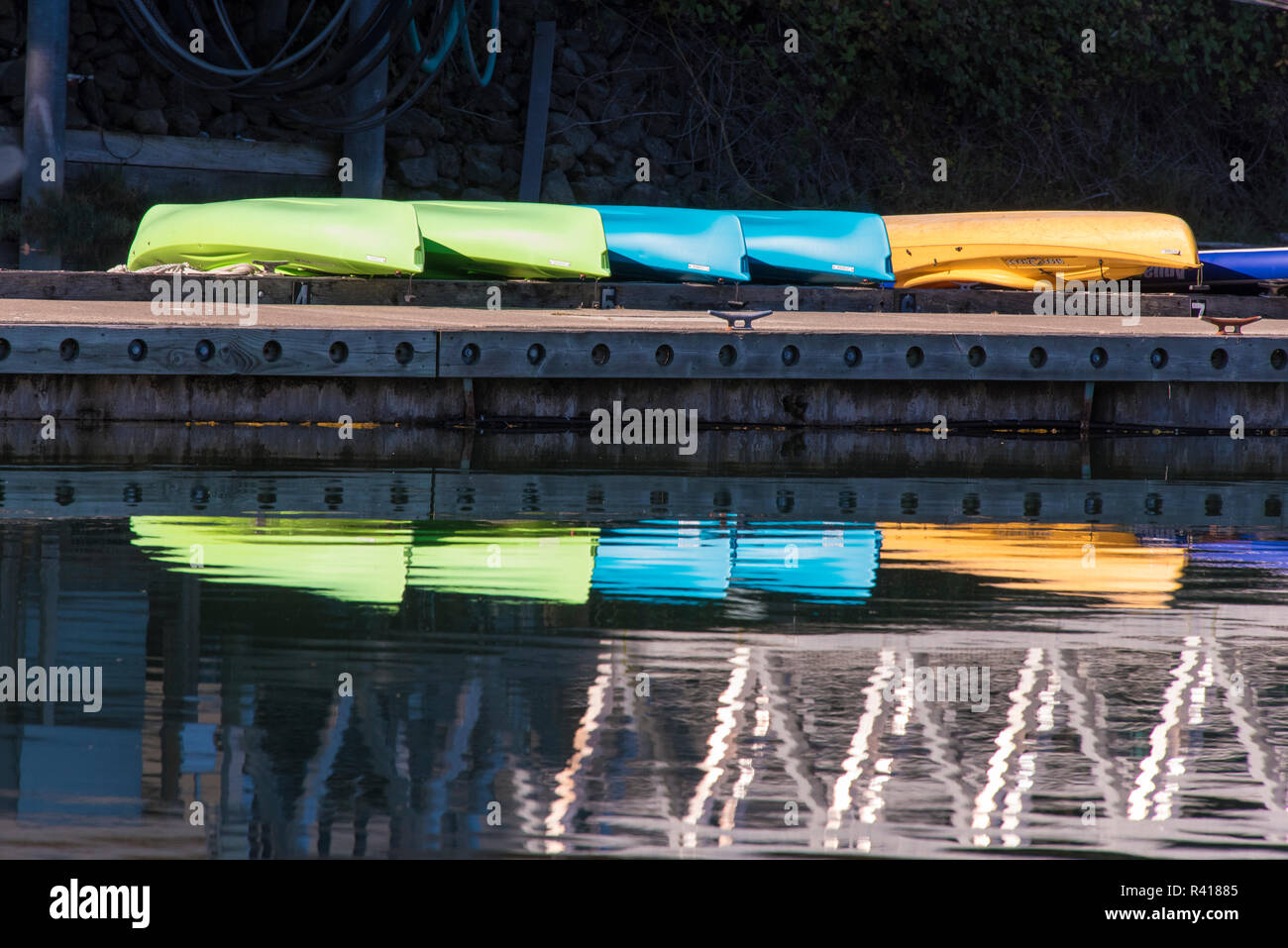 USA, Washington State. Kayaks reflection, calm marina Stock Photo - Alamy