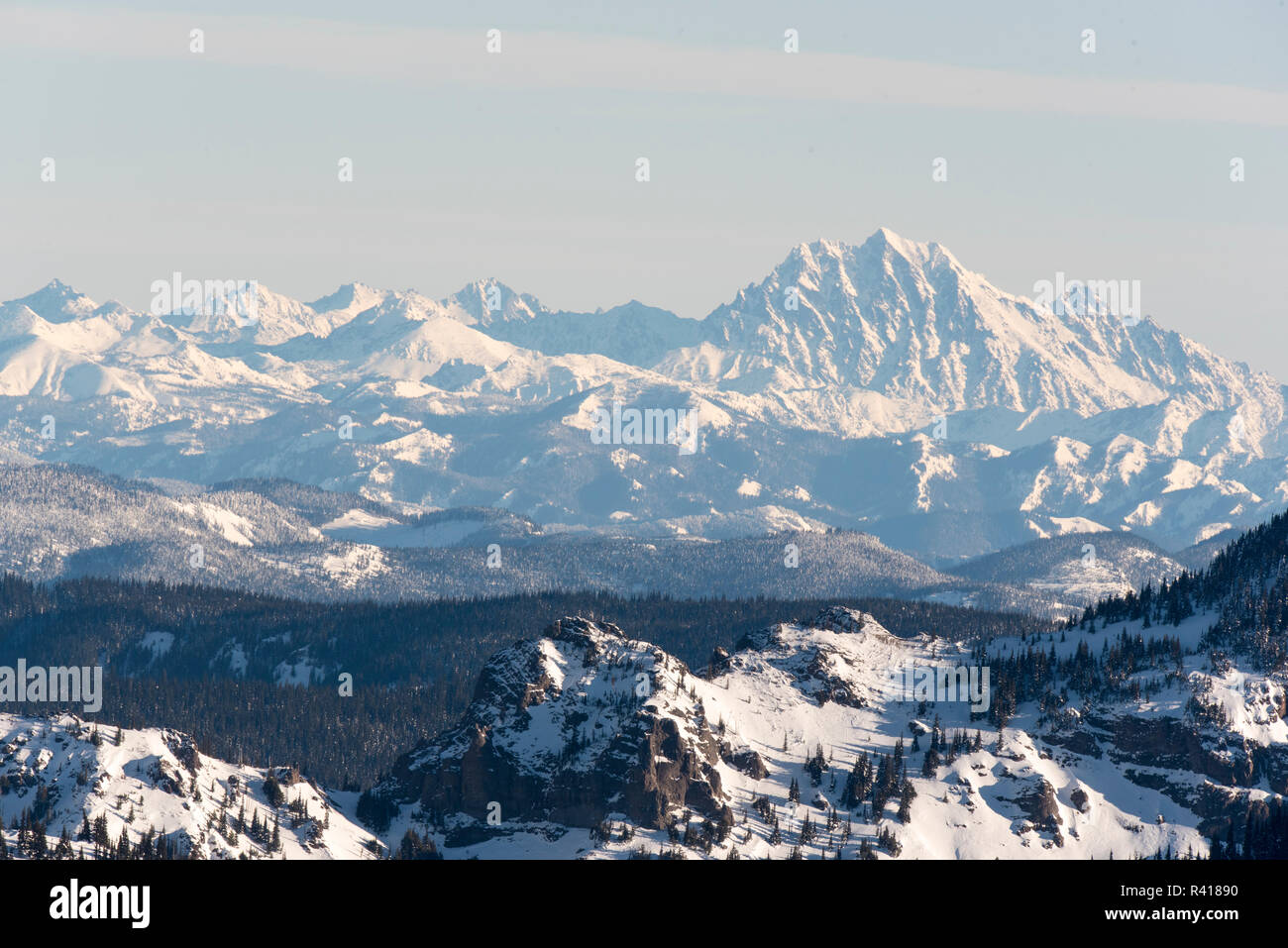 USA, Washington State. View from gondola summit of Stuart Range and Mt ...